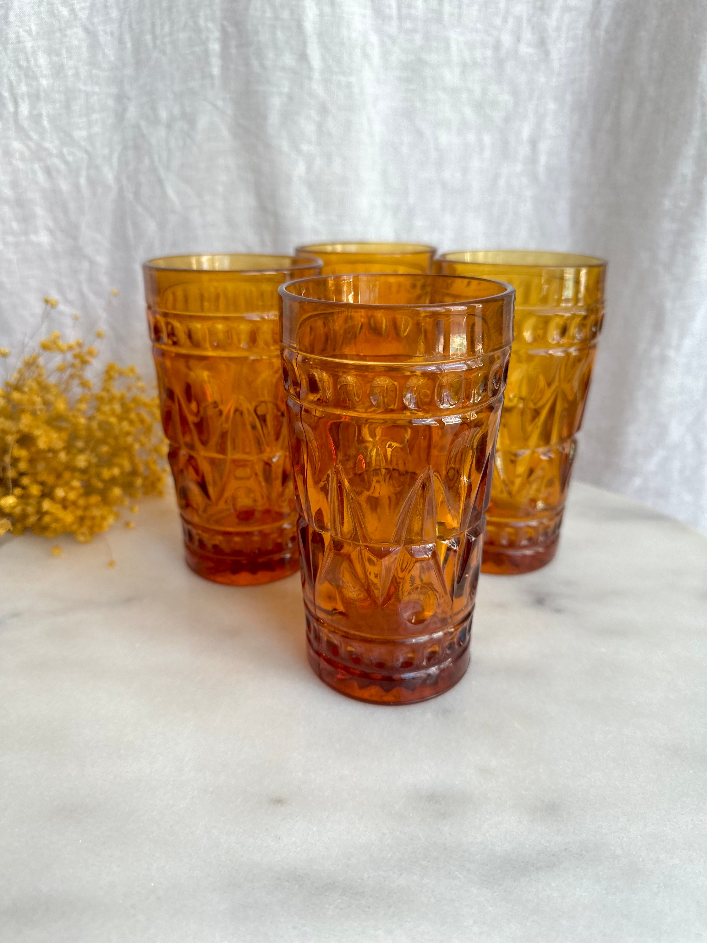 Vintage Amber Glass Colony Park Lane Tumblers Indiana Glass Kings Crown ...