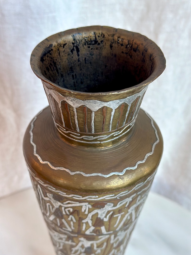 Egyptian Cairo Ware Large Brass Vase With Copper and Silver Inlay ...