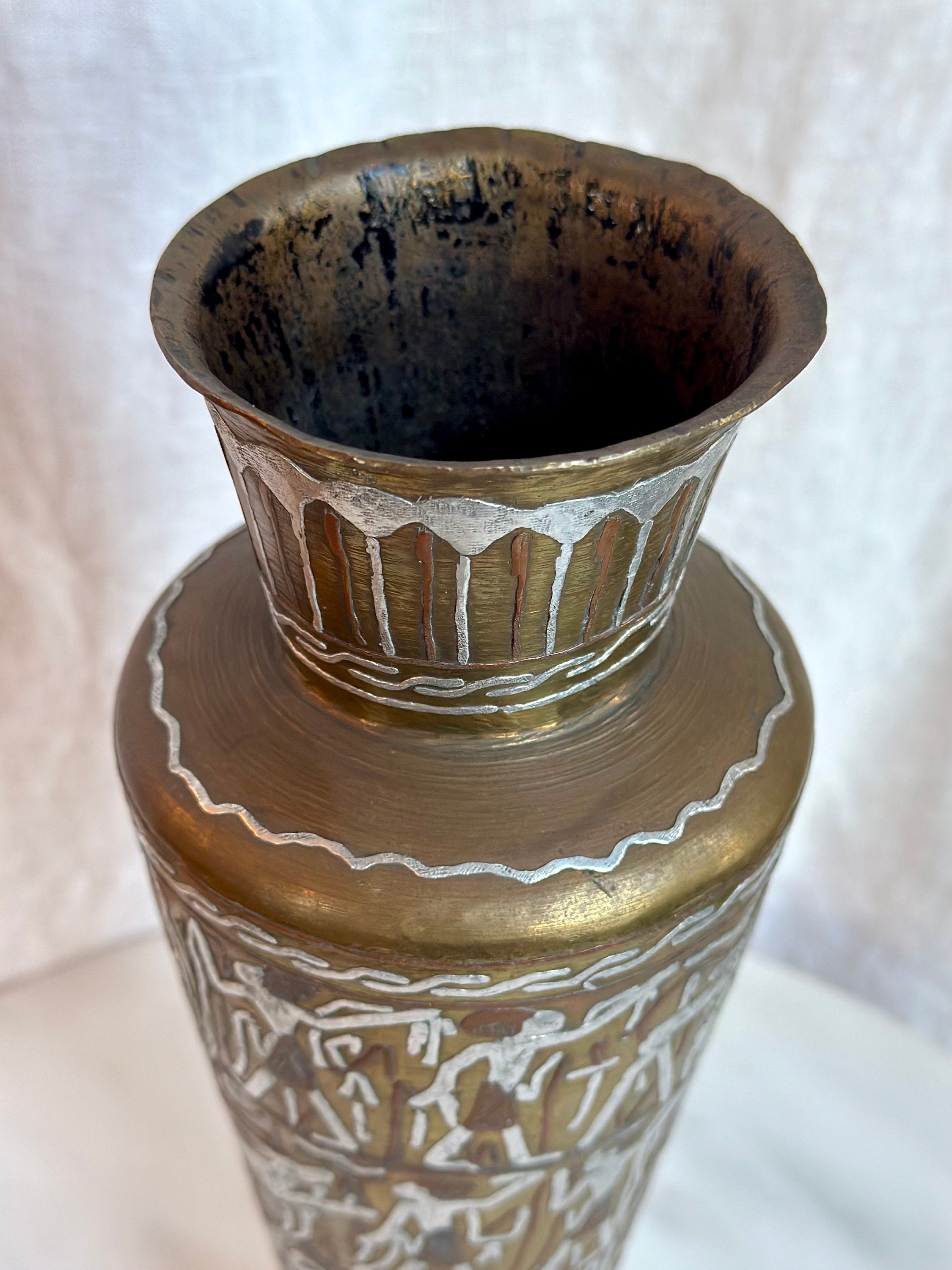 Egyptian Cairo Ware Large Brass Vase With Copper and Silver Inlay ...