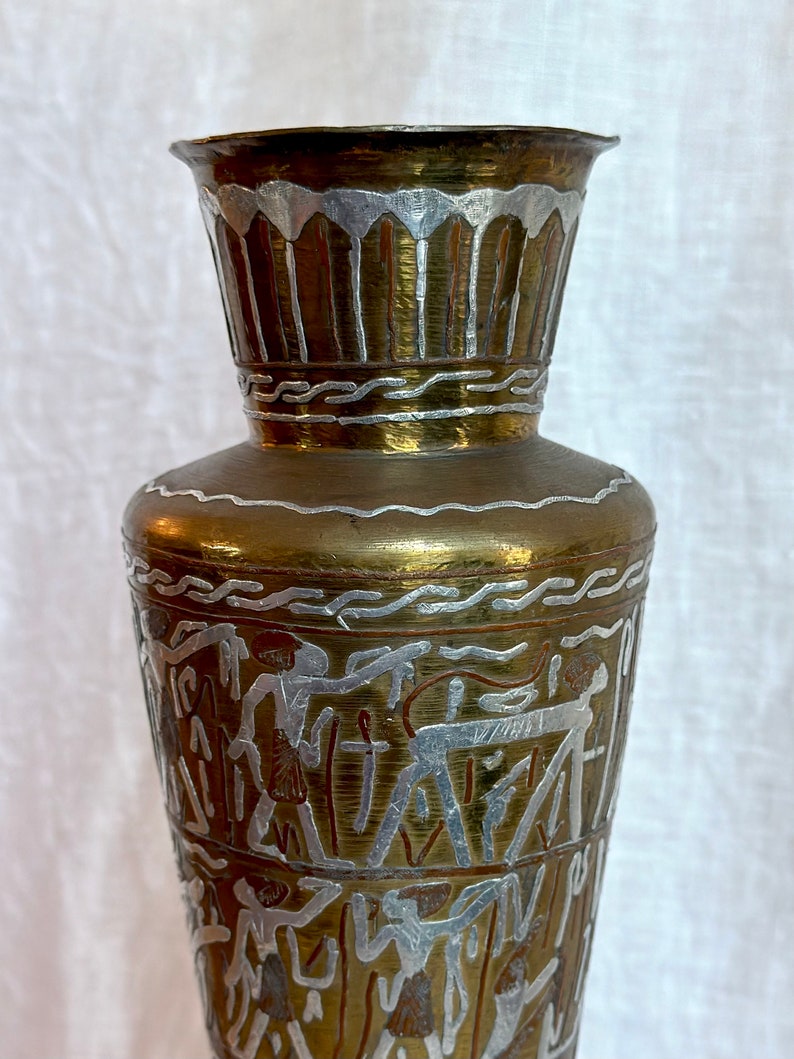 Egyptian Cairo Ware Large Brass Vase With Copper and Silver Inlay ...