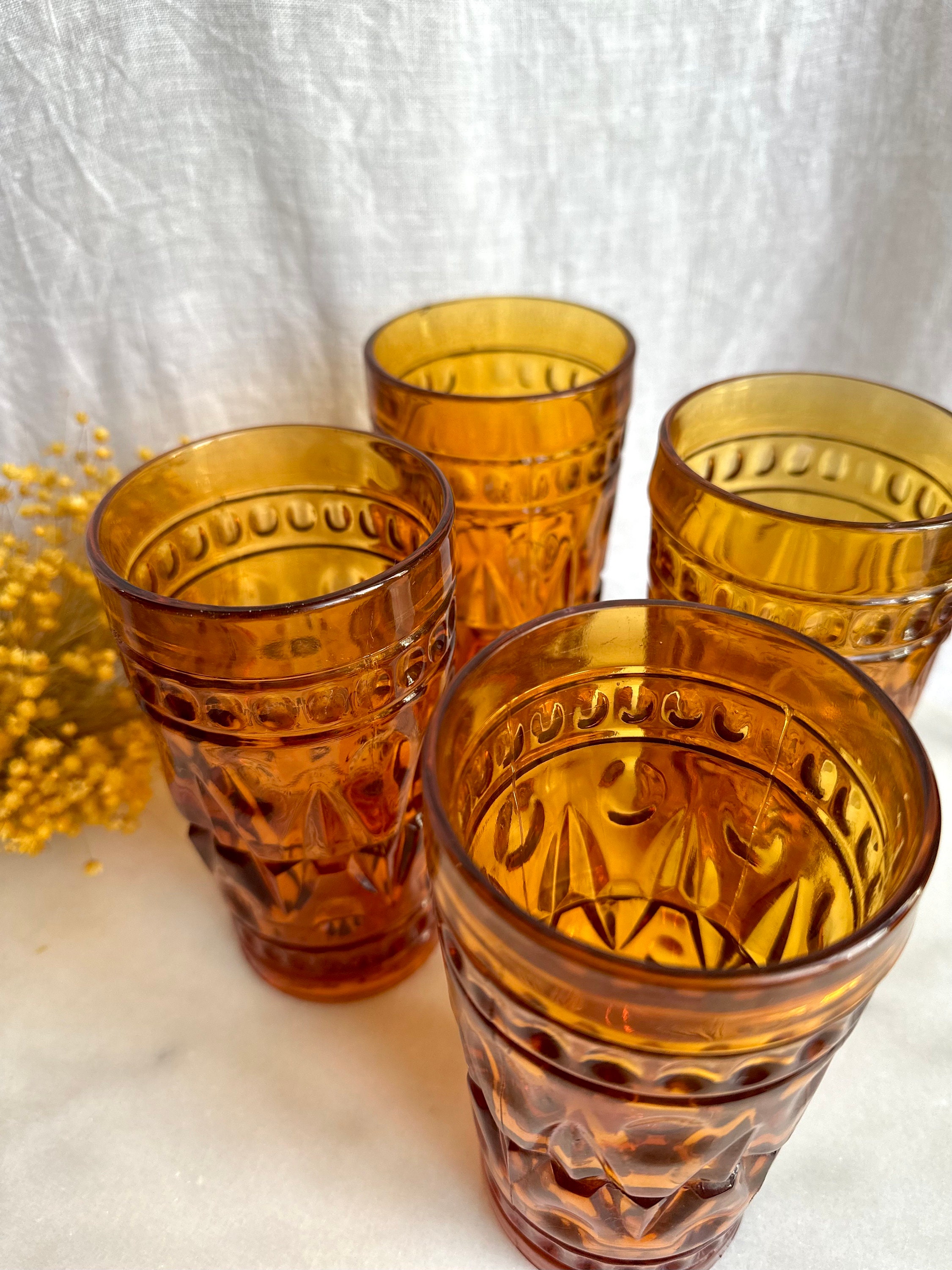 Vintage Amber Glass Colony Park Lane Tumblers Indiana Glass Kings Crown ...