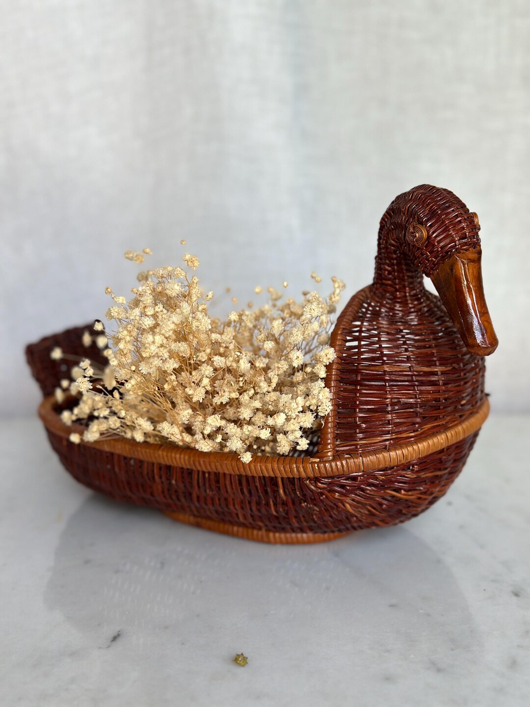 Brown Wicker Duck Basket Woven Goose Fruit Bowl Catch All Dish Vintage ...