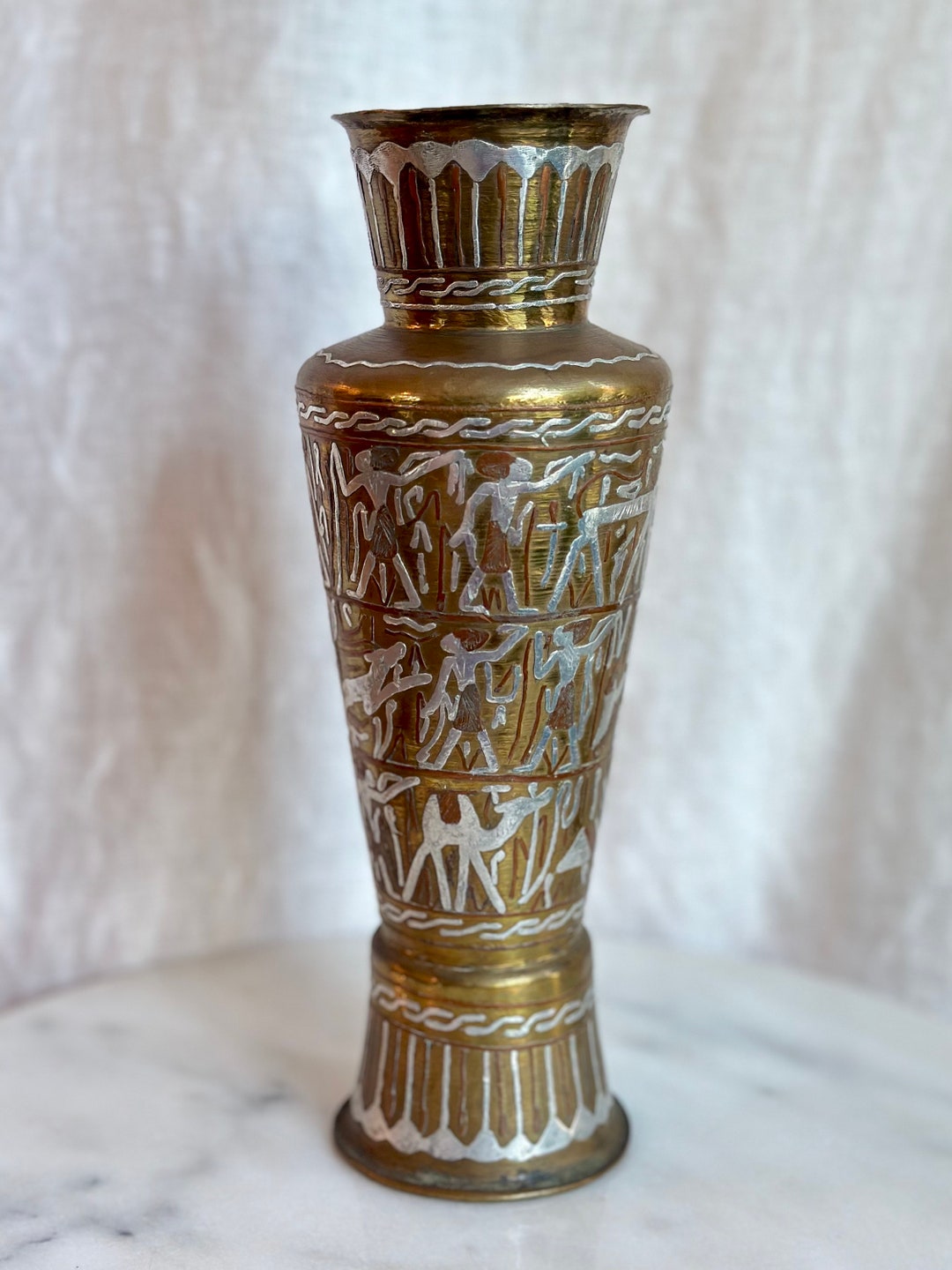 Egyptian Cairo Ware Large Brass Vase With Copper and Silver Inlay ...