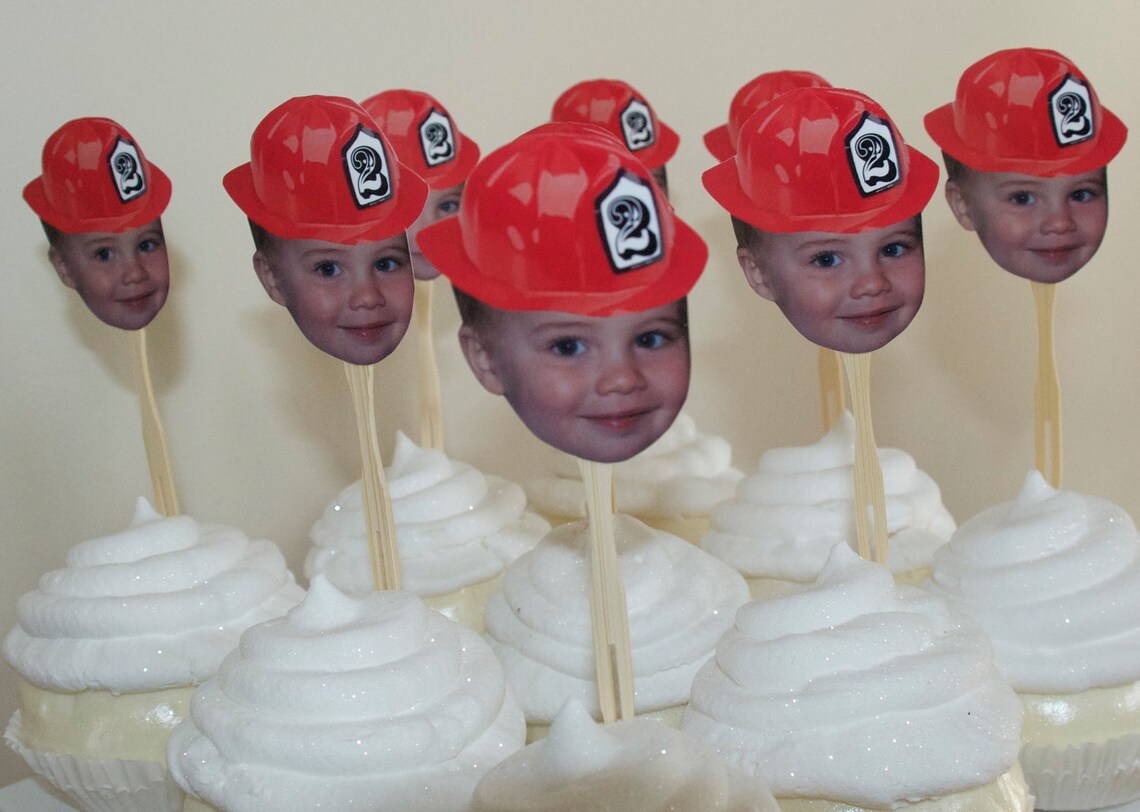 Personalized Fireman Hat Photo Birthday Glossy Cupcake Toppers. Set of ...