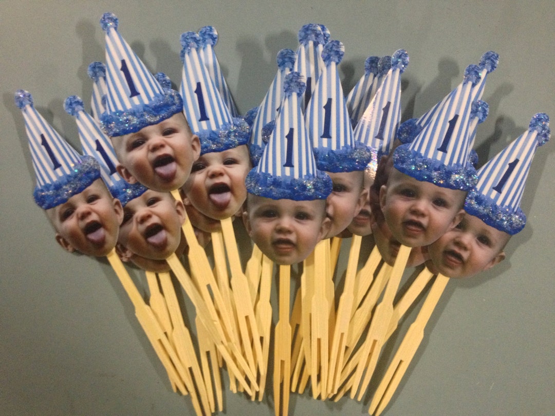Blue Striped Personalized Birthday Hat Photo Cupcake Toppers . Set of ...