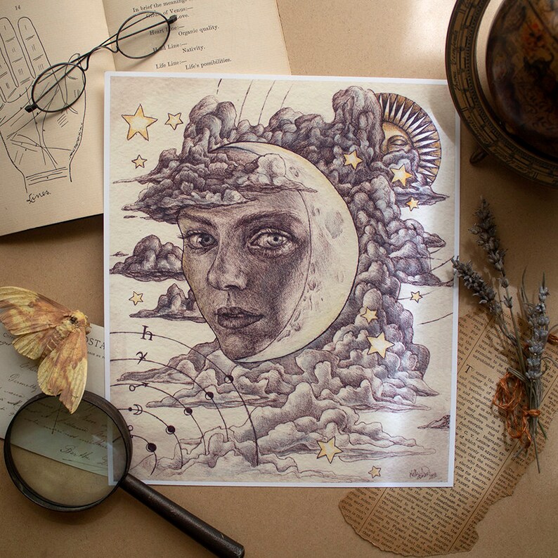 Crescent Moon Portrait Print Moon Art Sun and Moon Art - Etsy