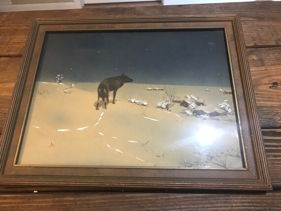 Vintage lone wolf print in antique wood frame. | Etsy