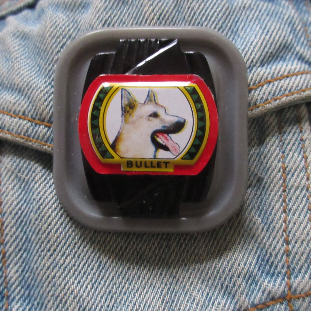 Roy Rogers' Bullet, the Wonder Dog- Tin Badge on Plastic Buckles One-of ...