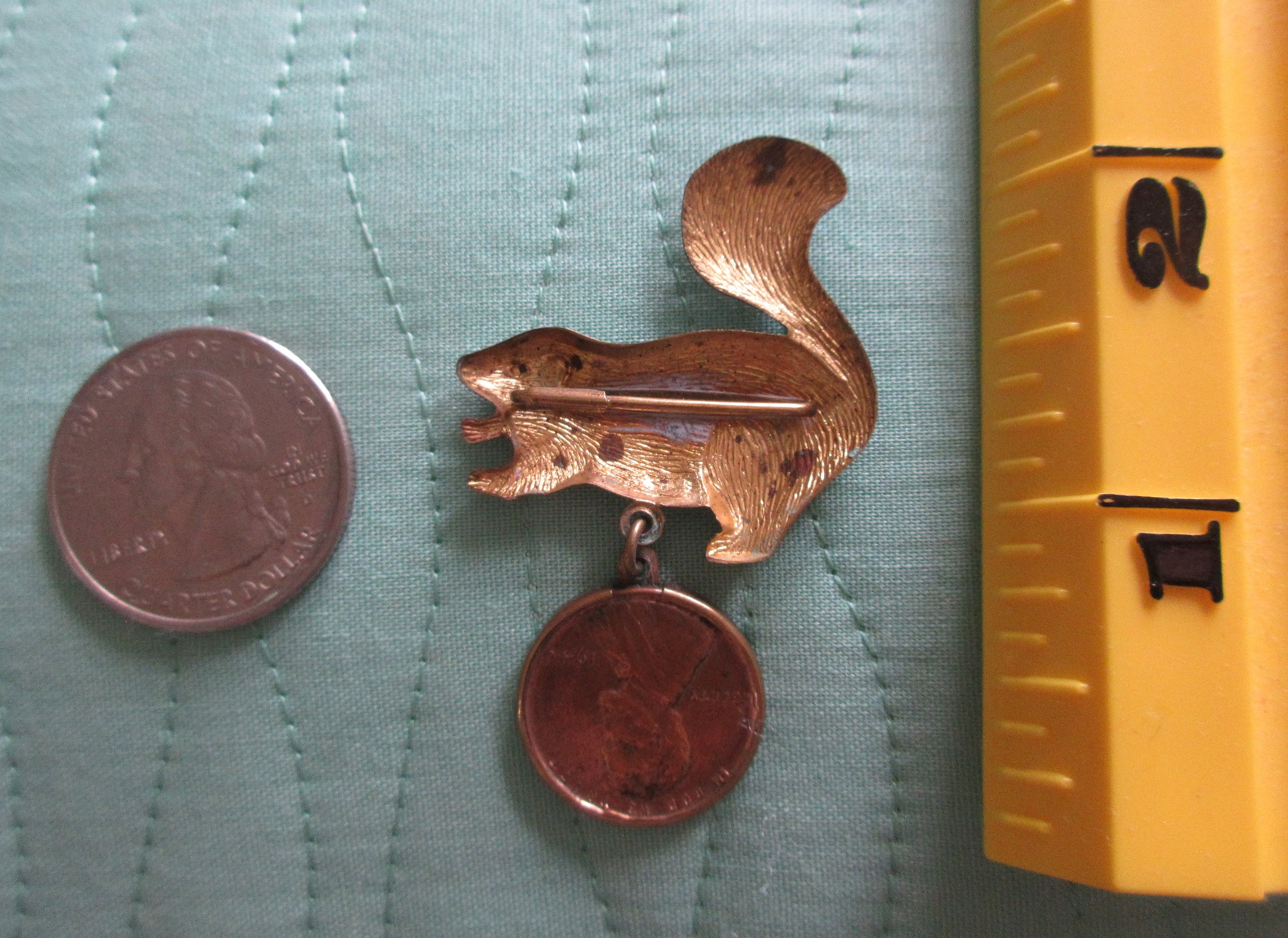 RESERVED - Vintage Metal Skunk Pin with Dangling 1940 ONE CENT Copper Penny