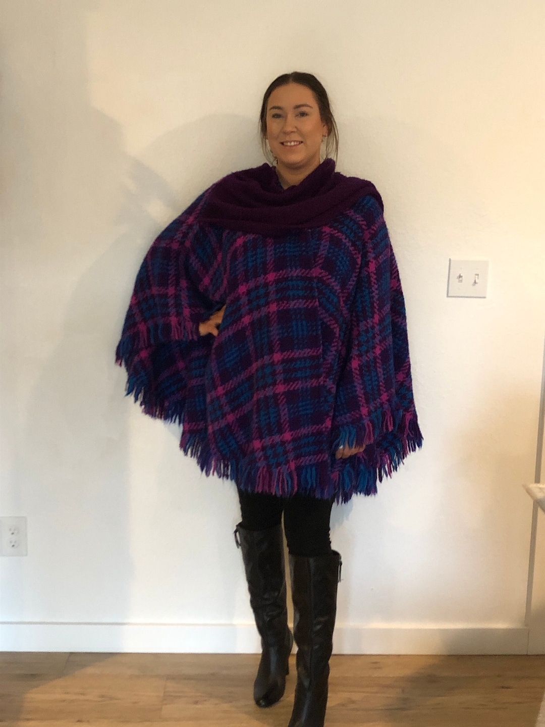 Purple and Teal and Blue Fuchsia Woven Wool Soft Wrap Shawl Cape With ...