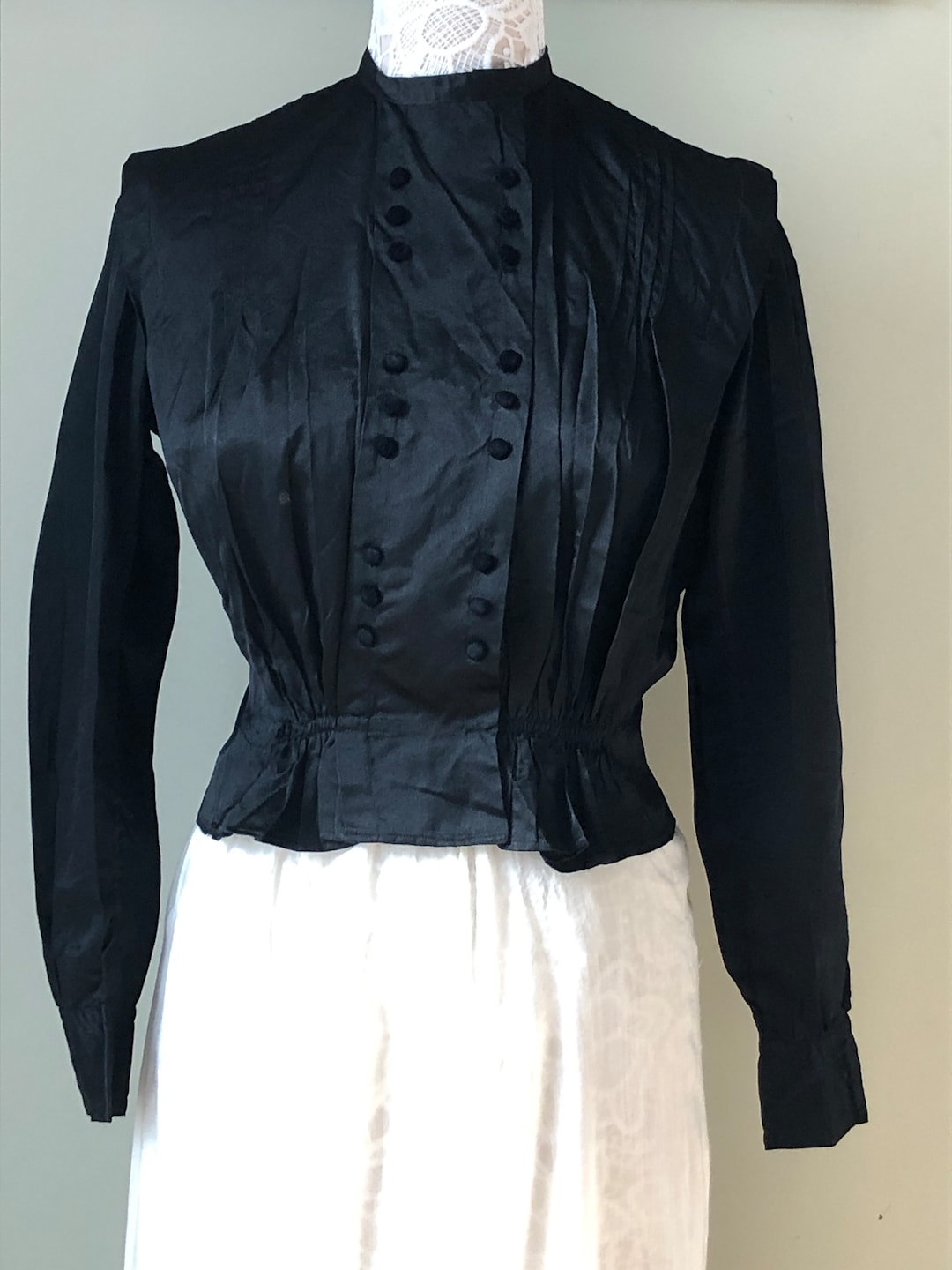 Black Satin 1800s Antique Victorian Edwardian High Collar Top Blouse ...