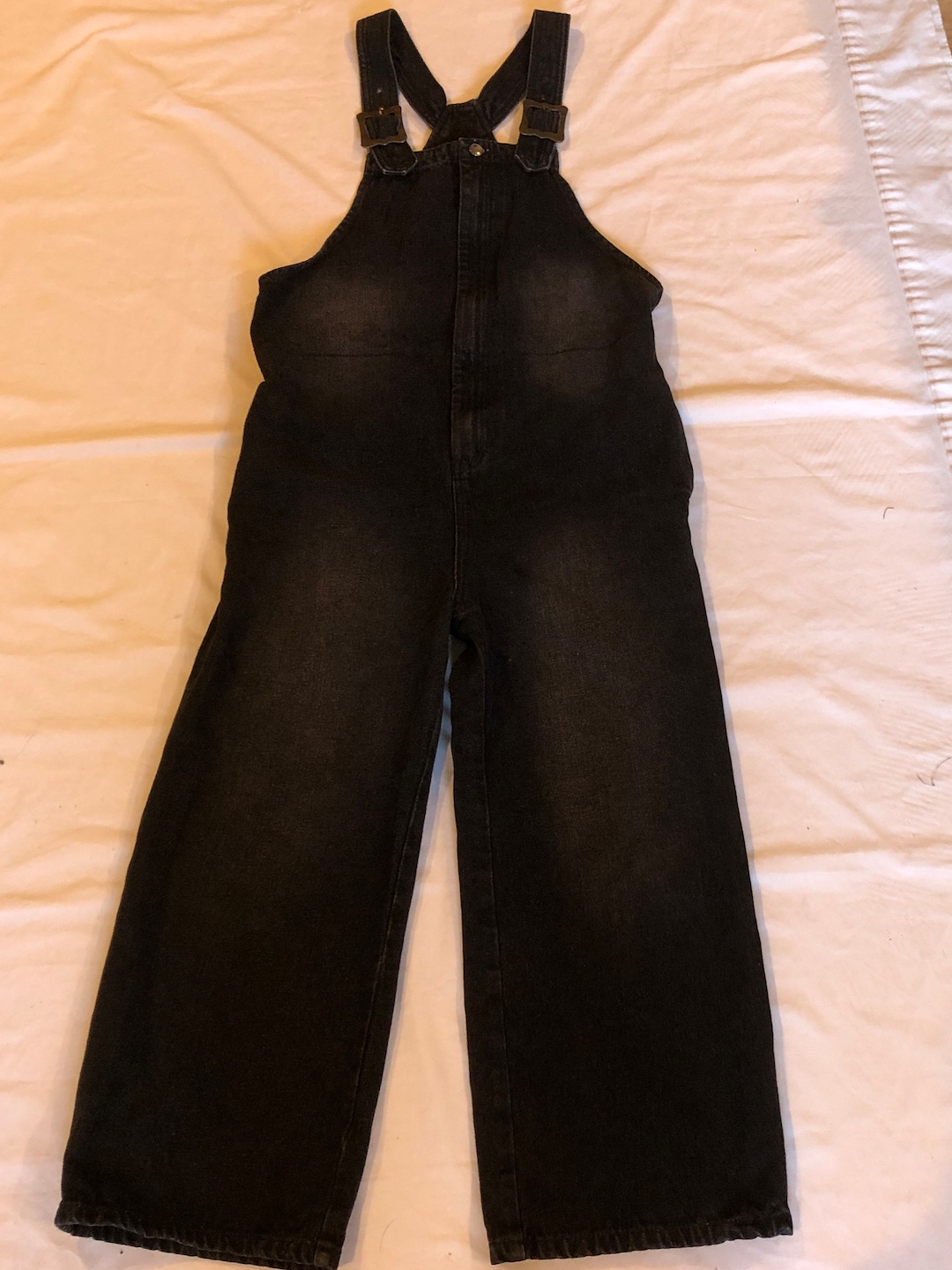 Women's Vintage Black Denim Bib Overalls Buckle Straps Front Zip ...