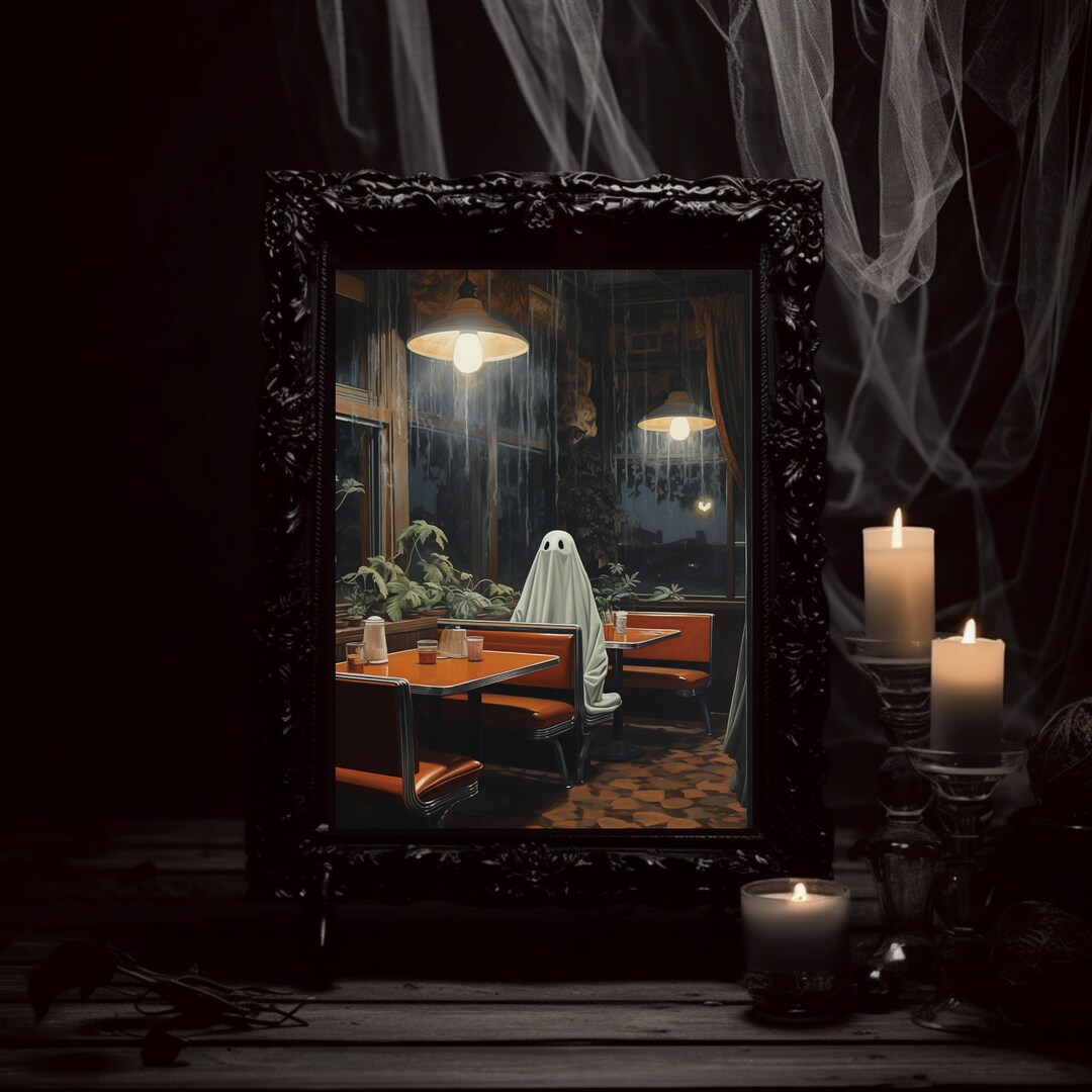 PRINTABLE Halloween Wall Art, Ghost Alone in a Diner, Vintage Muted ...