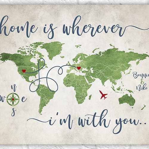 Long Distance World Map Rustic Wedding Gift Art Print - Etsy Australia