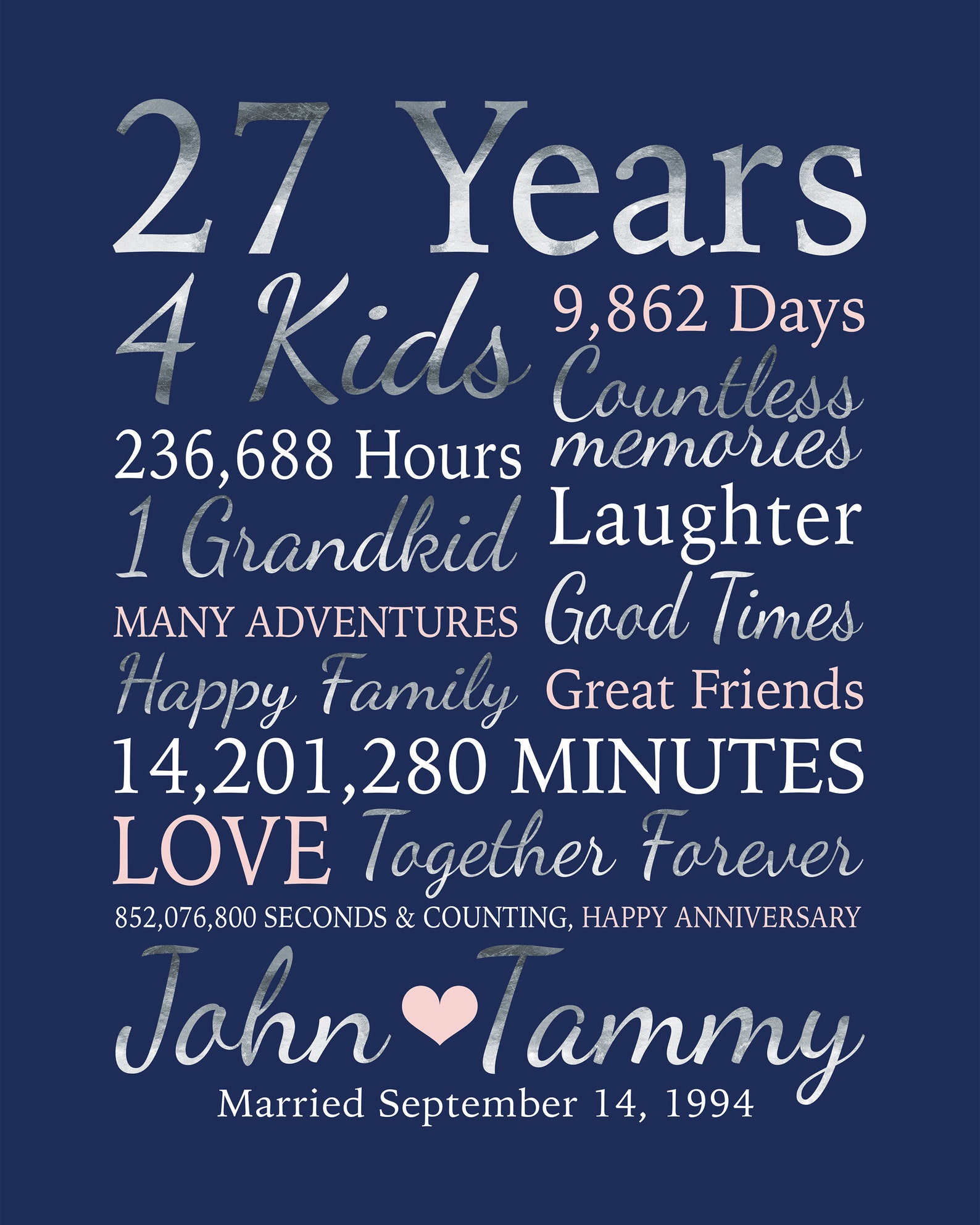 27th Anniversary Gift Choose ANY Years Married Or Together Etsy