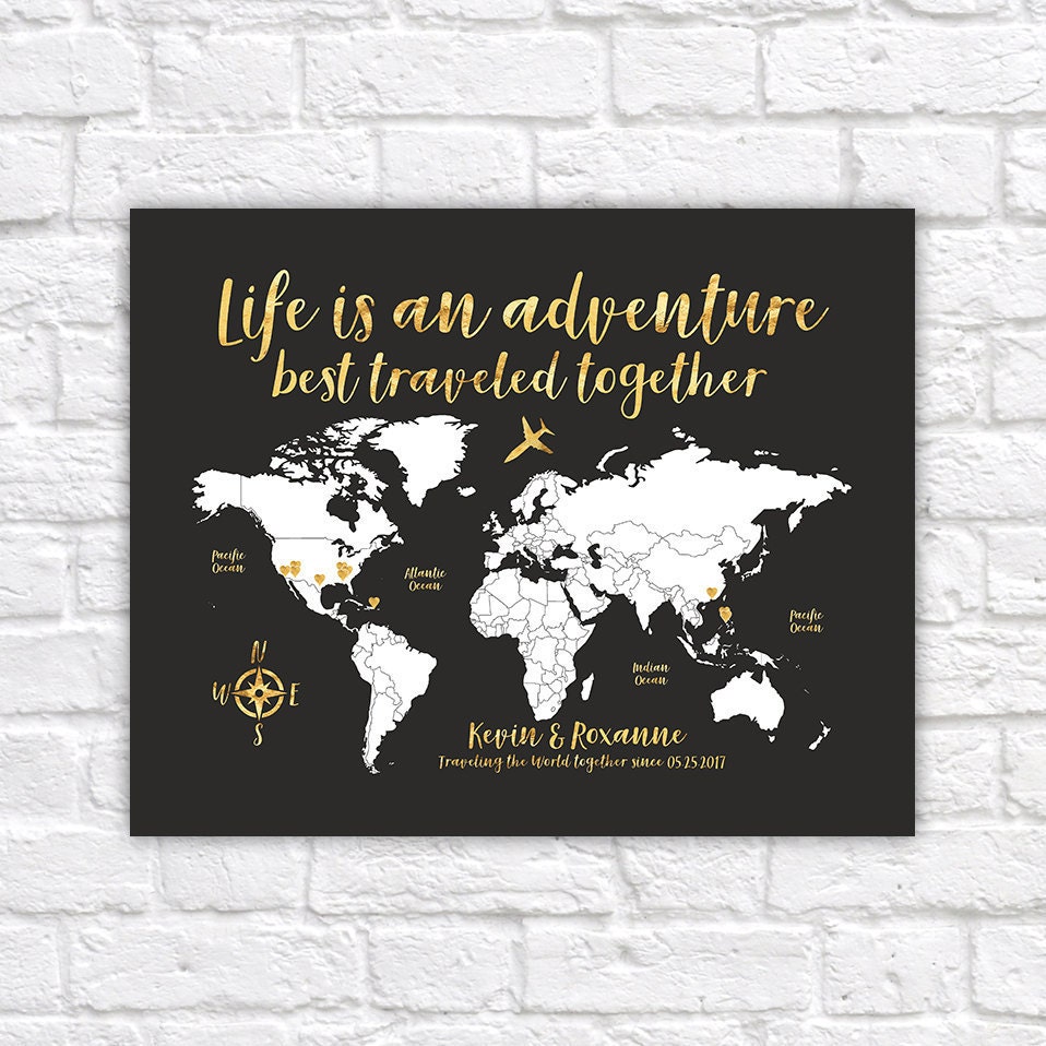 World Map Travel Poster, Gold Travel Map, Travel Quote, Life is an ...
