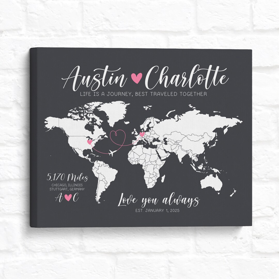 Long Distance World Map, Gift for Couple, Husband Wife Military ...