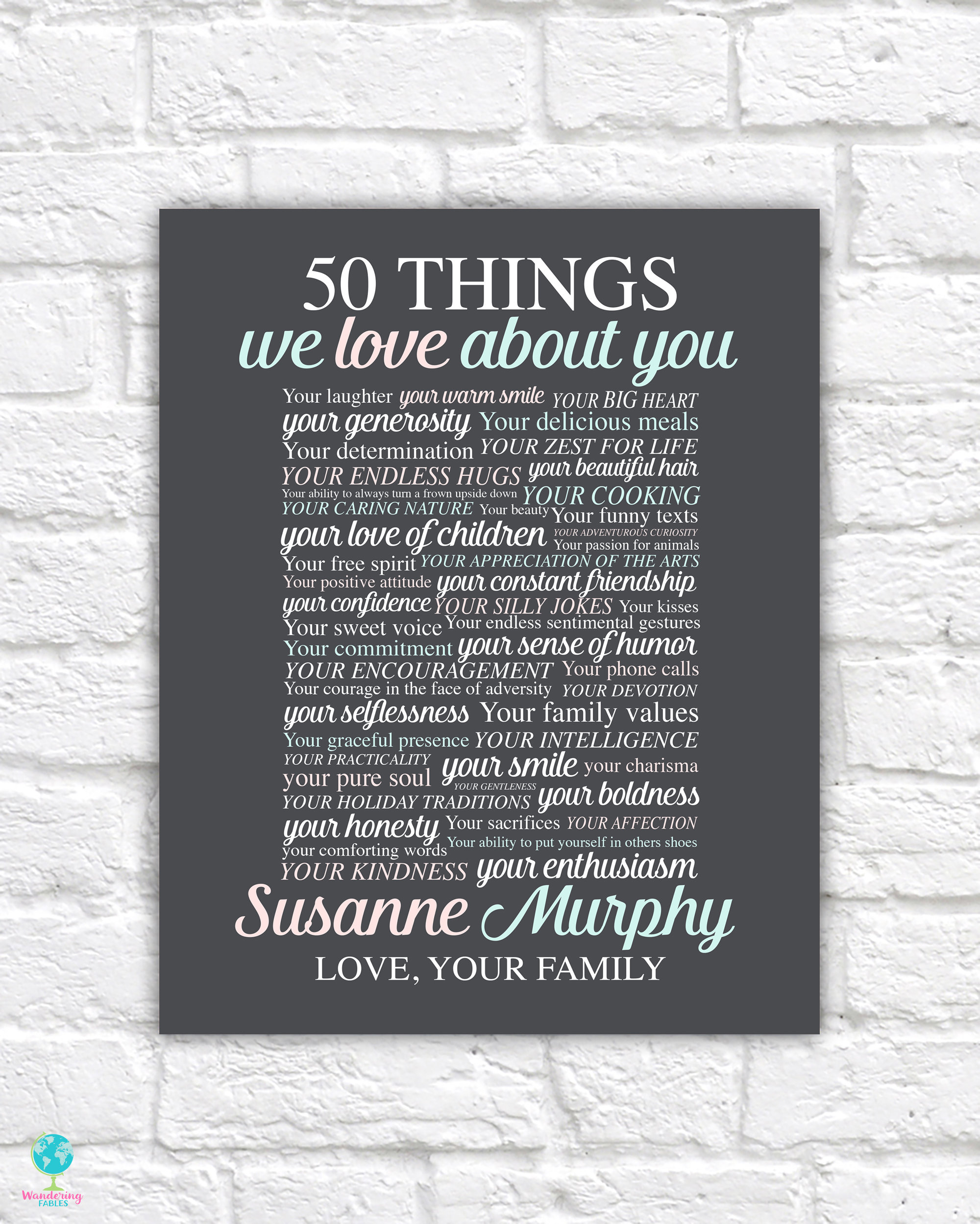 50 Things We Love About You, 50th Birthday Gift For Her, Woman, Sister ...