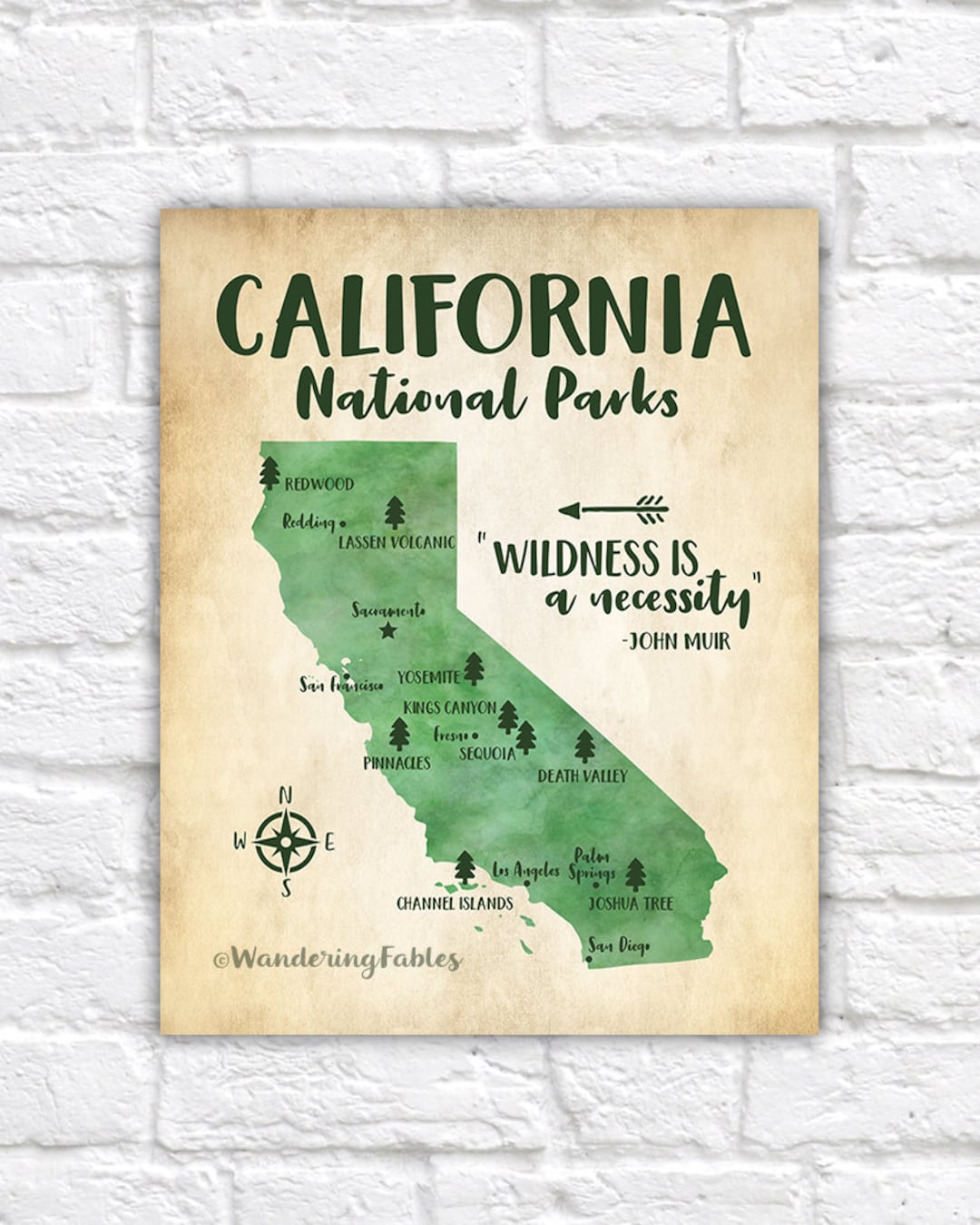 California National Parks Map: Forest Green Travel Poster - Etsy