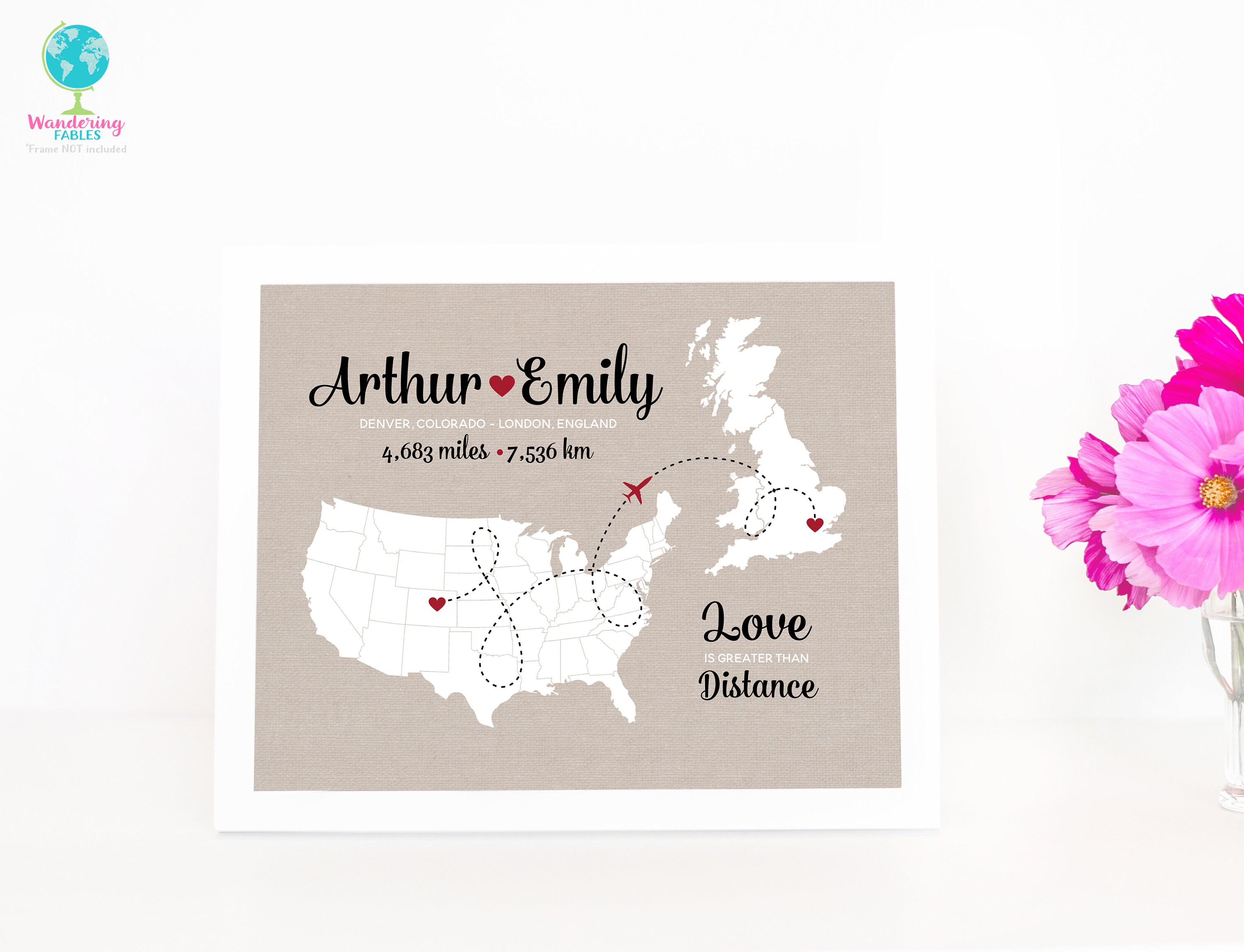 Long Distance Relationship Map Gift, Two Personalized Maps with Miles ...