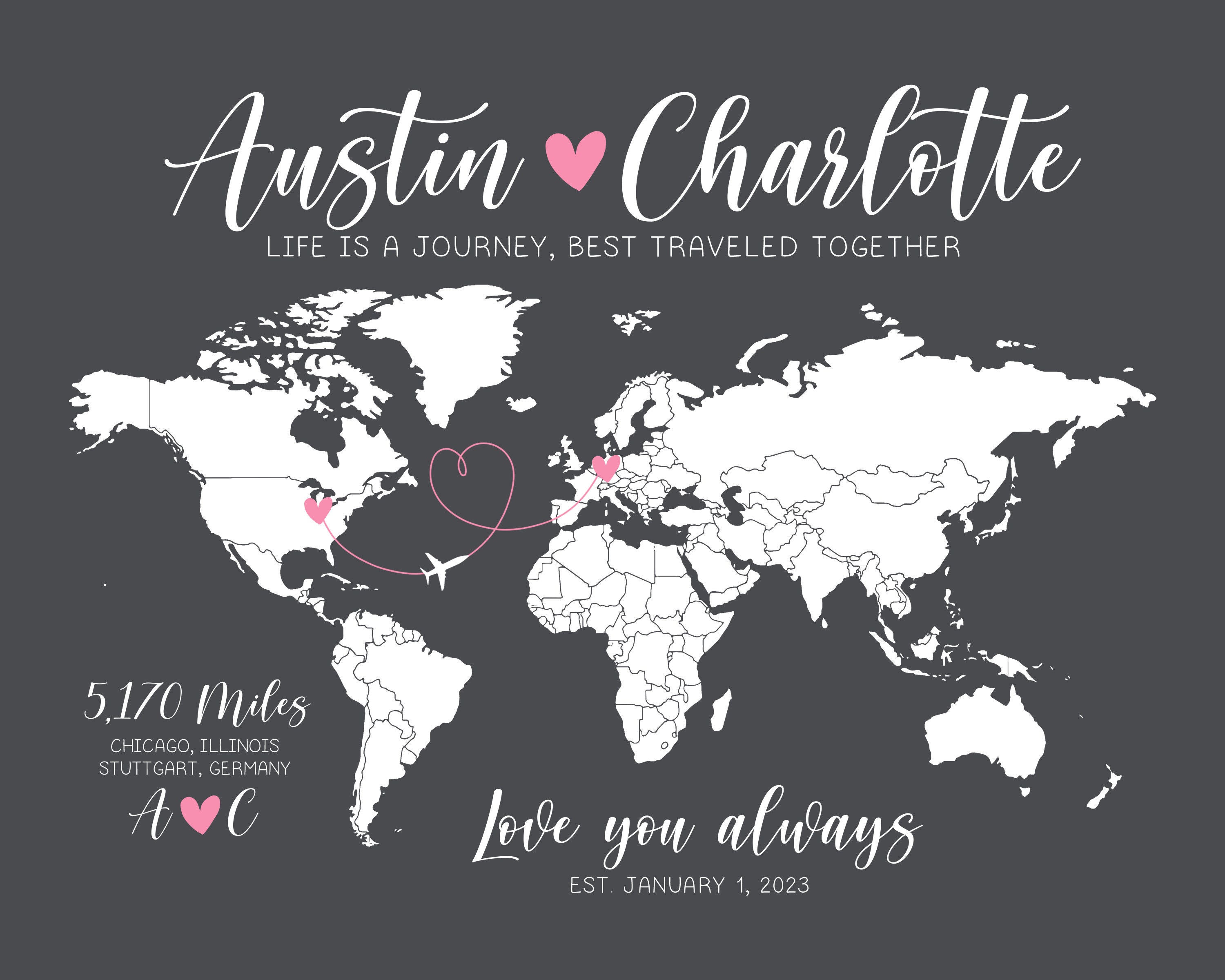 Long Distance Personalized World Map, Gift for Couple, Husband Wife ...