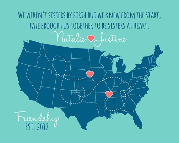 Best Friends Map Long Distance Personalized Map Poster | Etsy