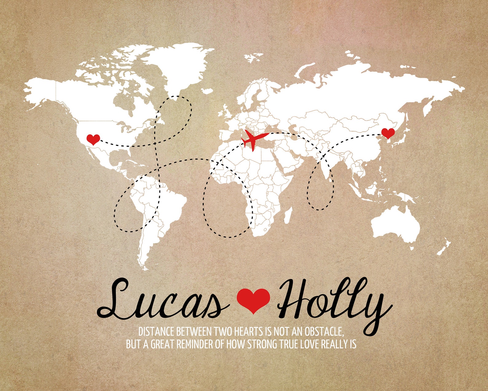Personalized World Map Print: Long Distance Gift, Custom Names & Quote ...