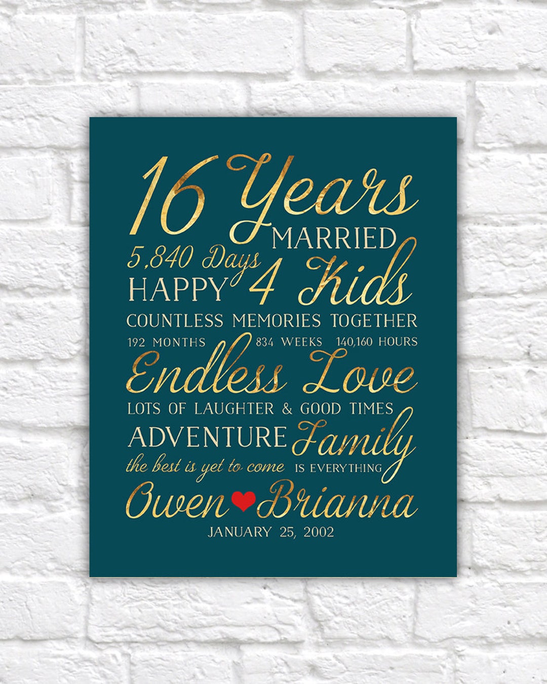 16 Year Wedding Anniversary Gift Personalized 16th - Etsy