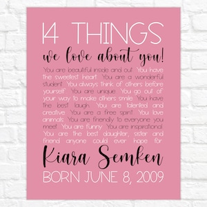 14th Birthday Gift for Girl, Daughters 14th Birthday Poster, 14 Things ...