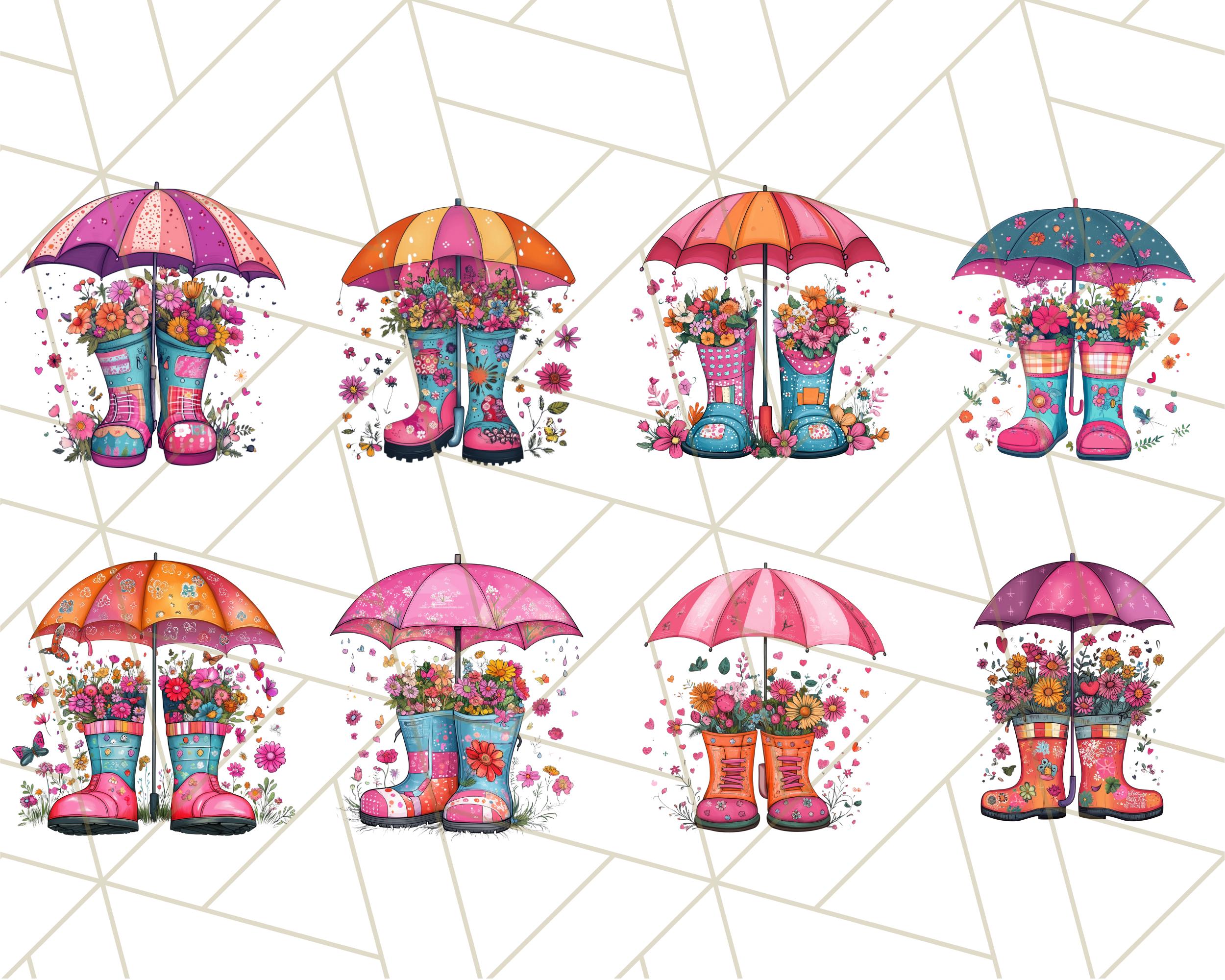 Rain Boot Flower Clipart PNG, Colorful Umbrella Floral Art, Spring ...