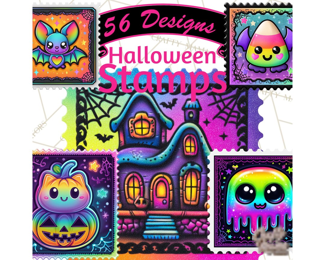 56 Png, Neon Halloween Postage Stamp Clipart, Cute Spooky Pngs, Vibrant ...