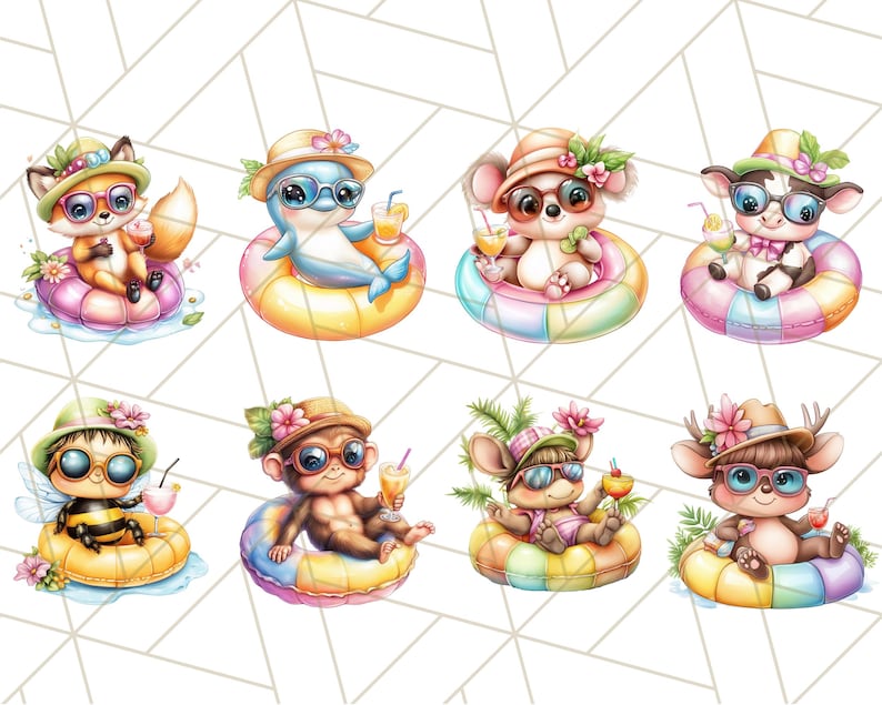 Cute Animal Pool Floaties Clipart, Summer Beach PNG, Cute Animal ...