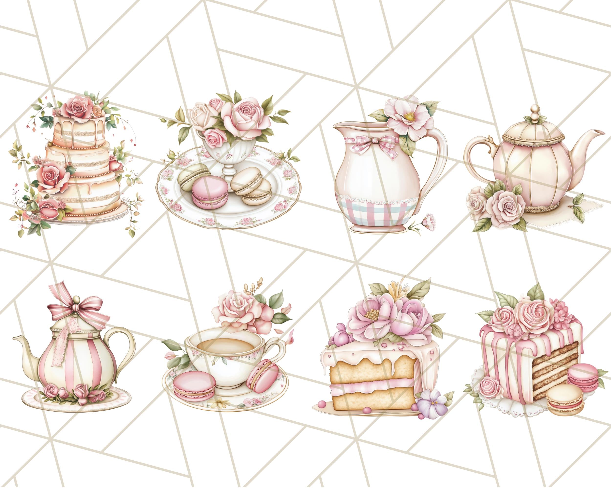 Tea Set Clip Art PNG With Teacups, Teapots, Sweets, Floral Accents and ...