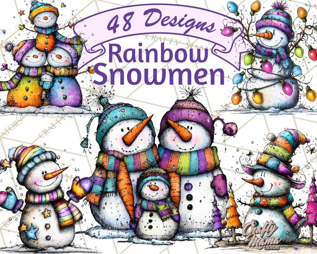 48 Png, Whimsical Rainbow Snowmen Clipart, Colorful Snowman Family PNG ...