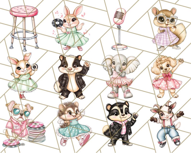 Sock Hop Animal Dance Party PNG Clipart, 1950s Animals in Poodle Skirts ...