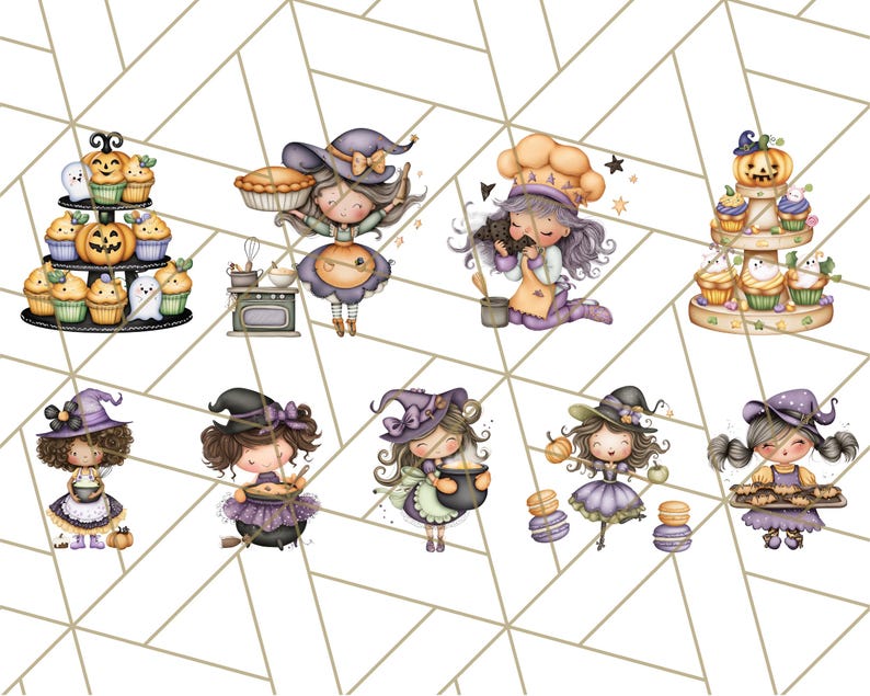 Cute Witch Halloween Baking Clipart, Kawaii Witches Cooking Treats ...