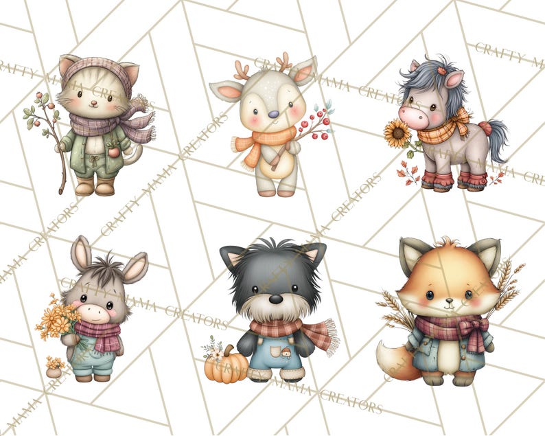 48 Png, Fall Animal Clipart PNG, Autumn Animals in Tartan Scarves ...