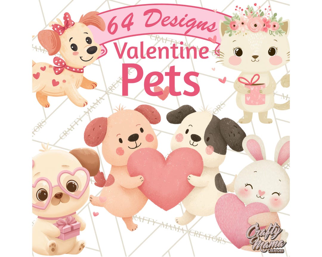 64 Png, Valentine Pets Clipart, Cute Cats Puppies Bunnies Hearts ...