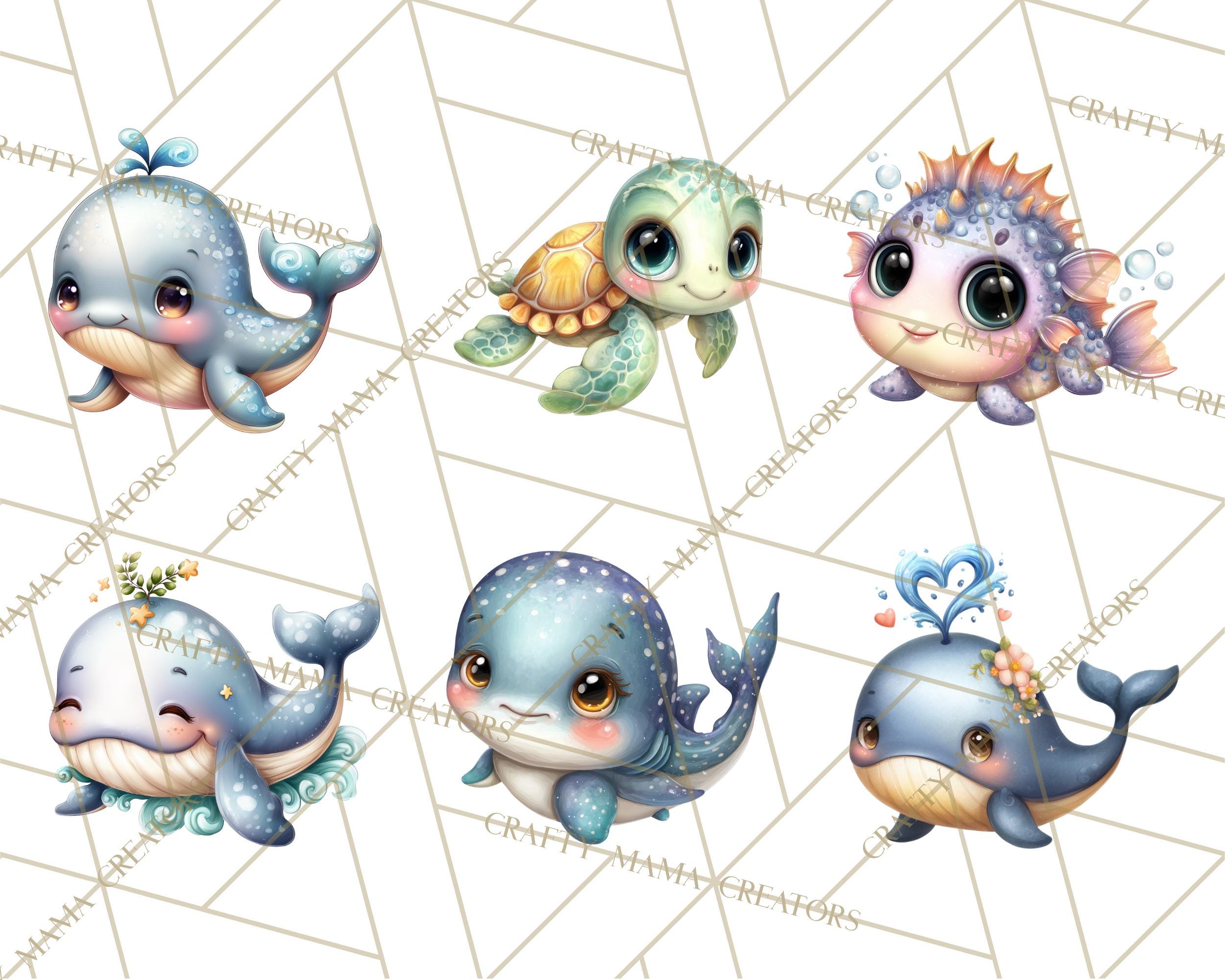 52 Png, Under the Sea Babies PNG, Cute Sea Animal Clipart, Watercolor ...