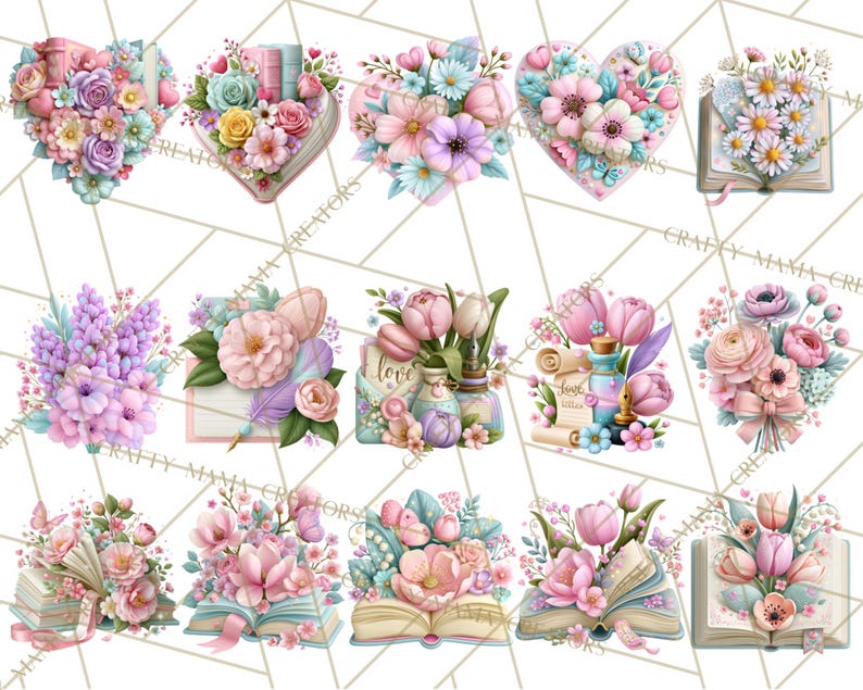 128 Bookish Blooms Clipart, Floral Reading Clipart, Magnetic Bookmark ...
