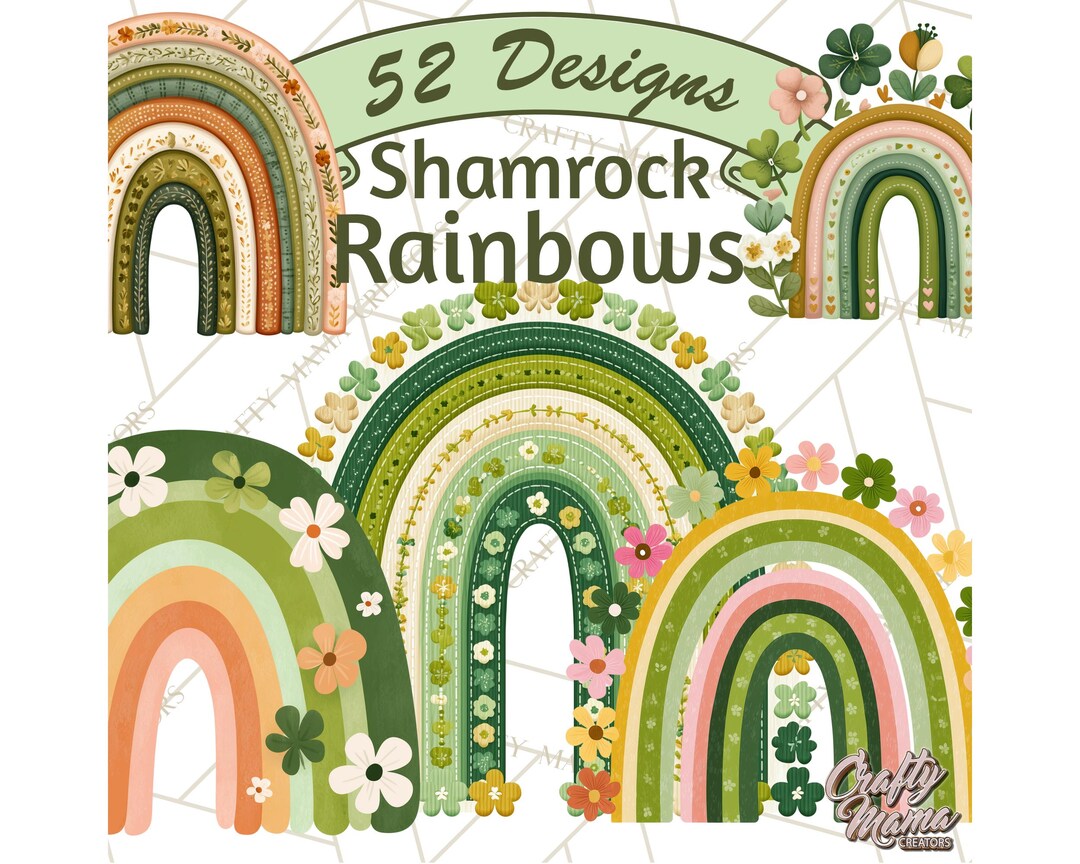 52 Png, St Patricks Patterned Rainbow PNG, Boho Shamrock Clipart, Green ...