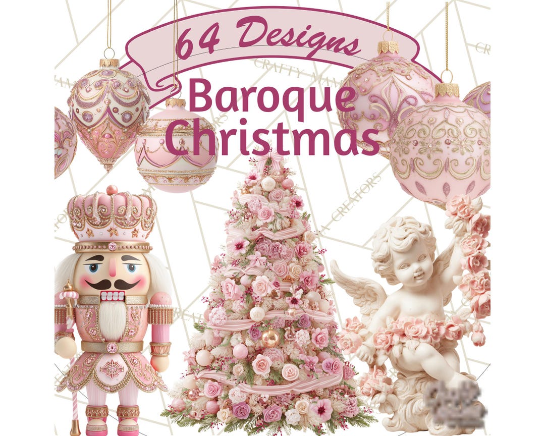 64 Png, Rococo Christmas Clipart, Pink and Gold Christmas PNG, Vintage ...