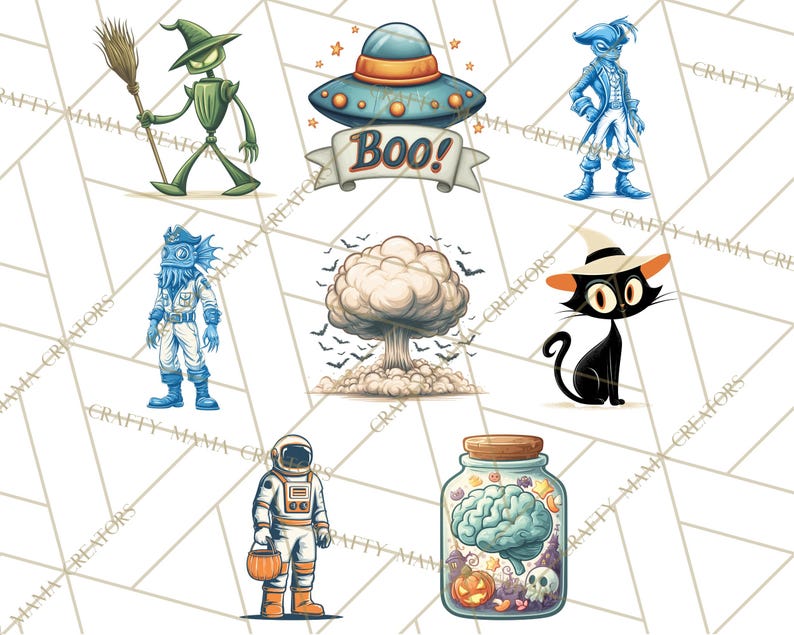 64 Png, Retro Sci-fi Halloween Clipart PNG, Vintage Alien Spooky Space ...