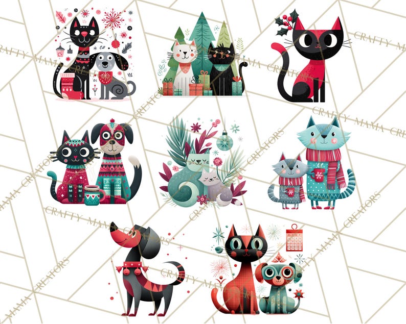 52 Png, Bold Graphic Christmas Pets PNG, Modern Holiday Cat and Dog ...