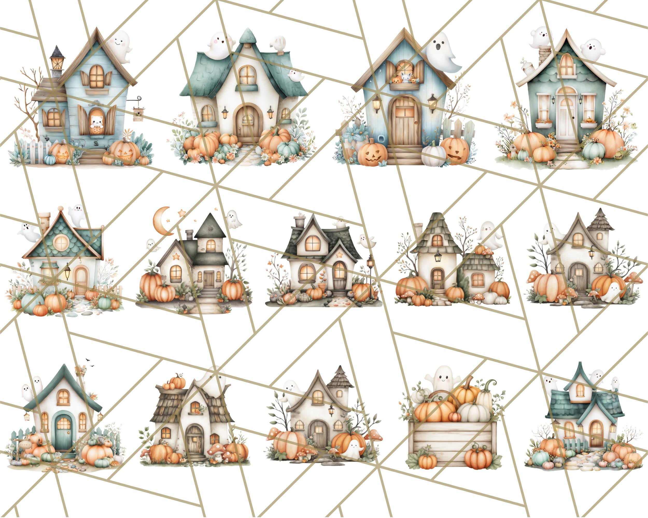 Watercolor Halloween Cottage Clipart, Cute Ghosts and Pumpkins, Cozy ...