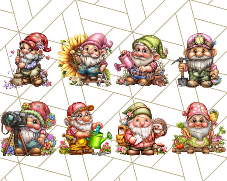 52 Gnomes at Work Clipart Pngs, Cute Garden Gnome Characters, Hobby and ...