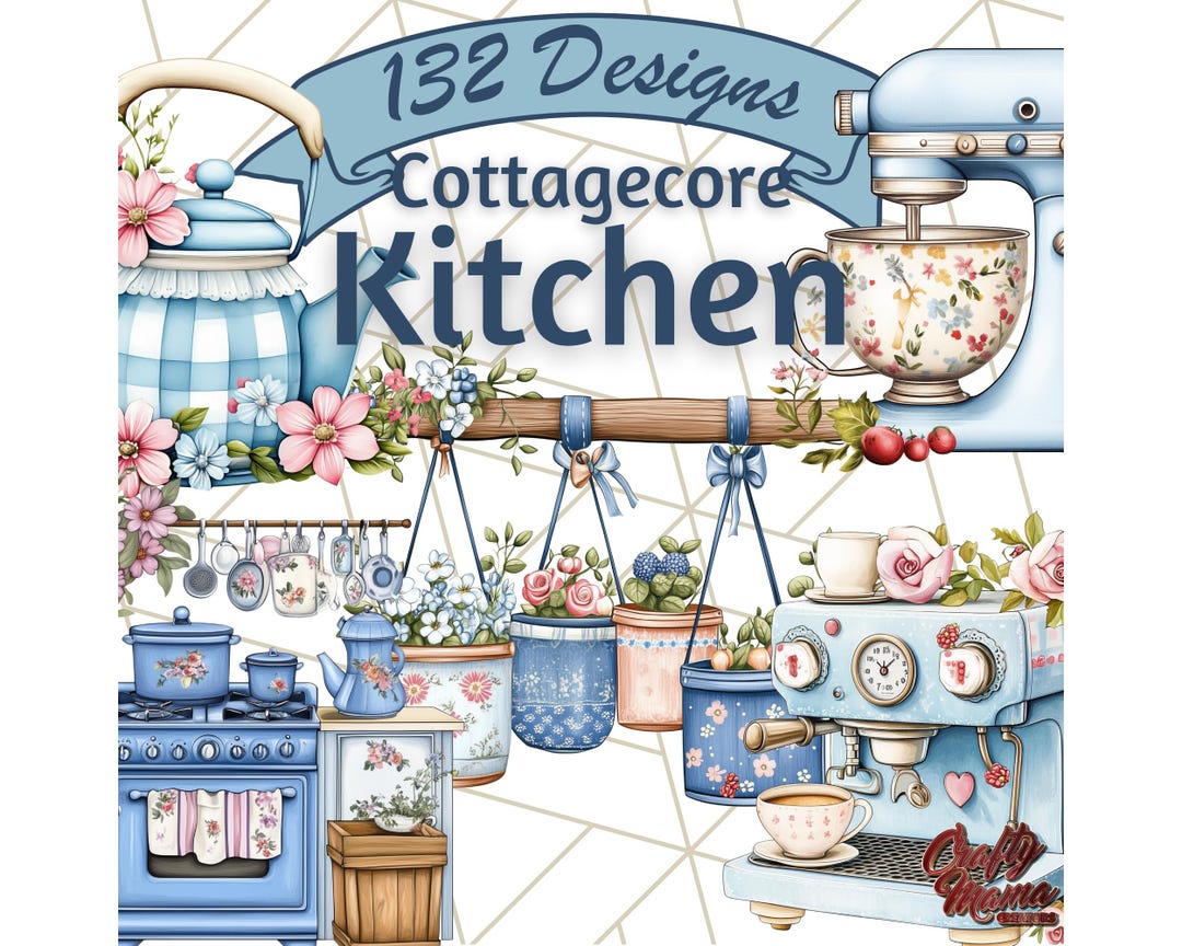 Blue Cottagecore Kitchen Clipart, Floral Kitchen PNG, Vintage Kitchen ...