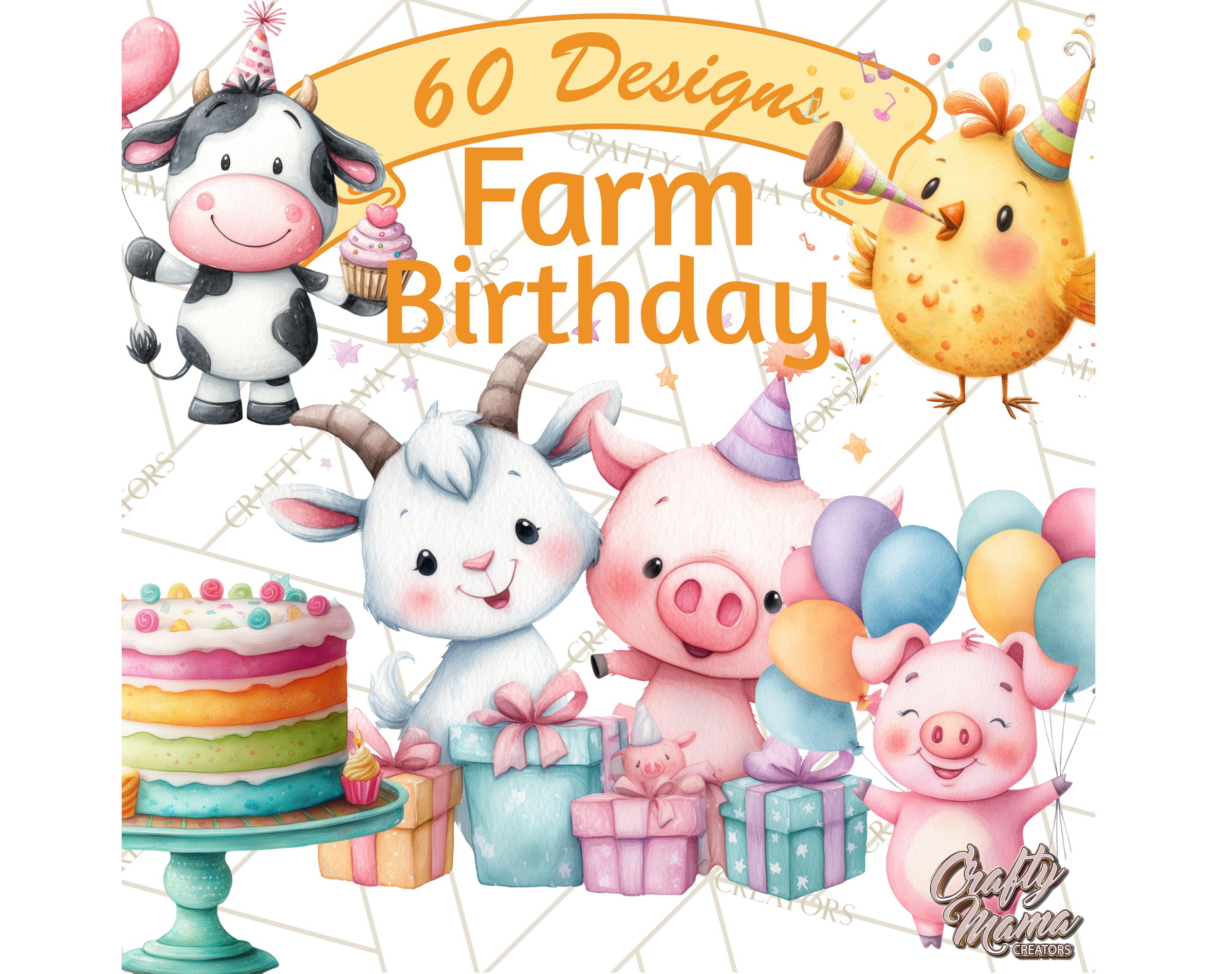 60 Png, Farm Birthday Clipart PNG, Watercolor Farm Animals Birthday ...