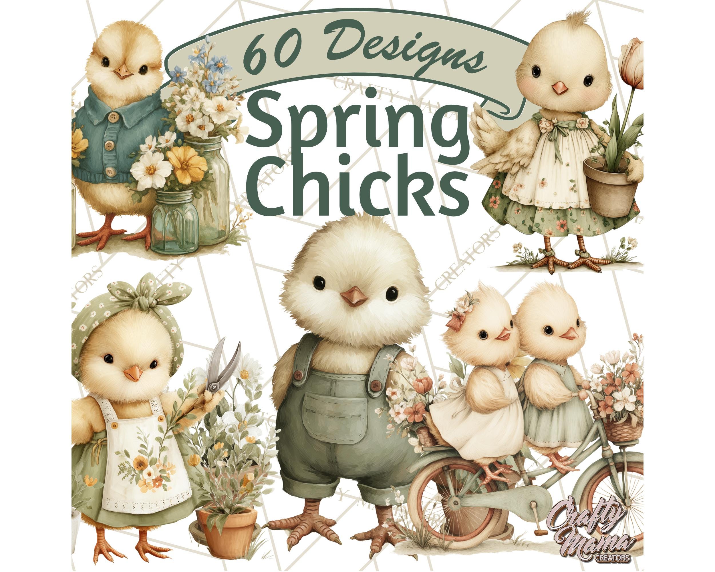 60 Png, Vintage Spring Chicks Clipart, Cute Baby Chick Gardening Clip ...