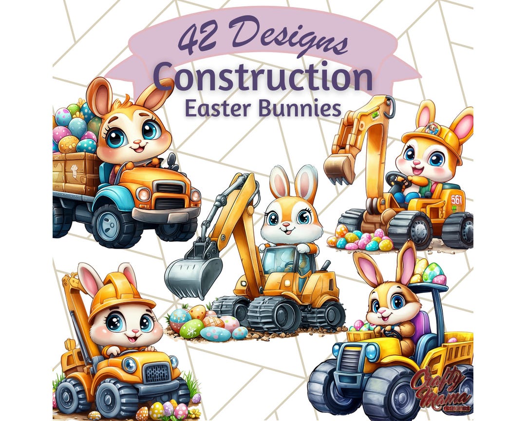 Easter Bunny Construction Clipart, Yellow Digger Truck PNG, Cute Bunny ...